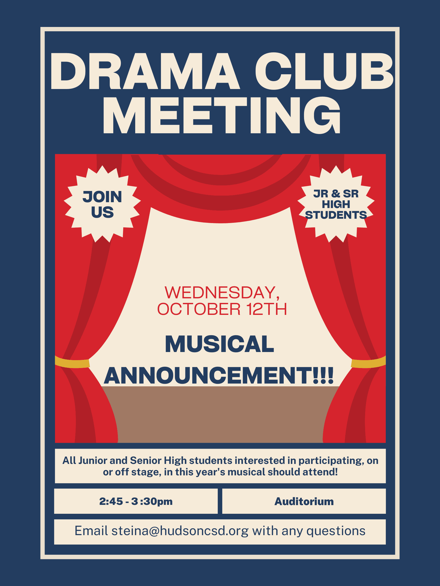 Drama Club Meeting Oct. 12 | Hudson City School District