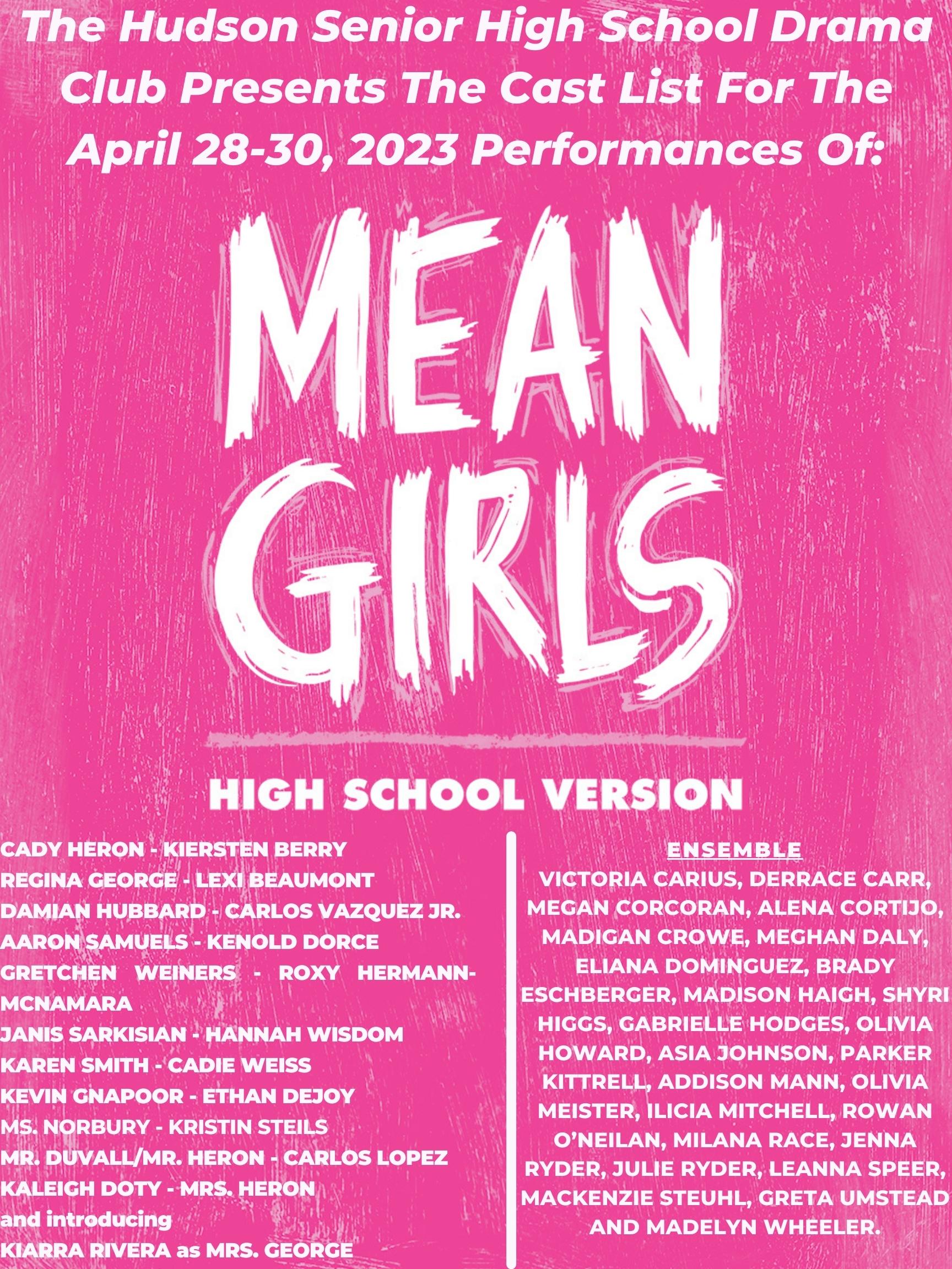 Cast List For Mean Girls High School Version The Musical Hudson