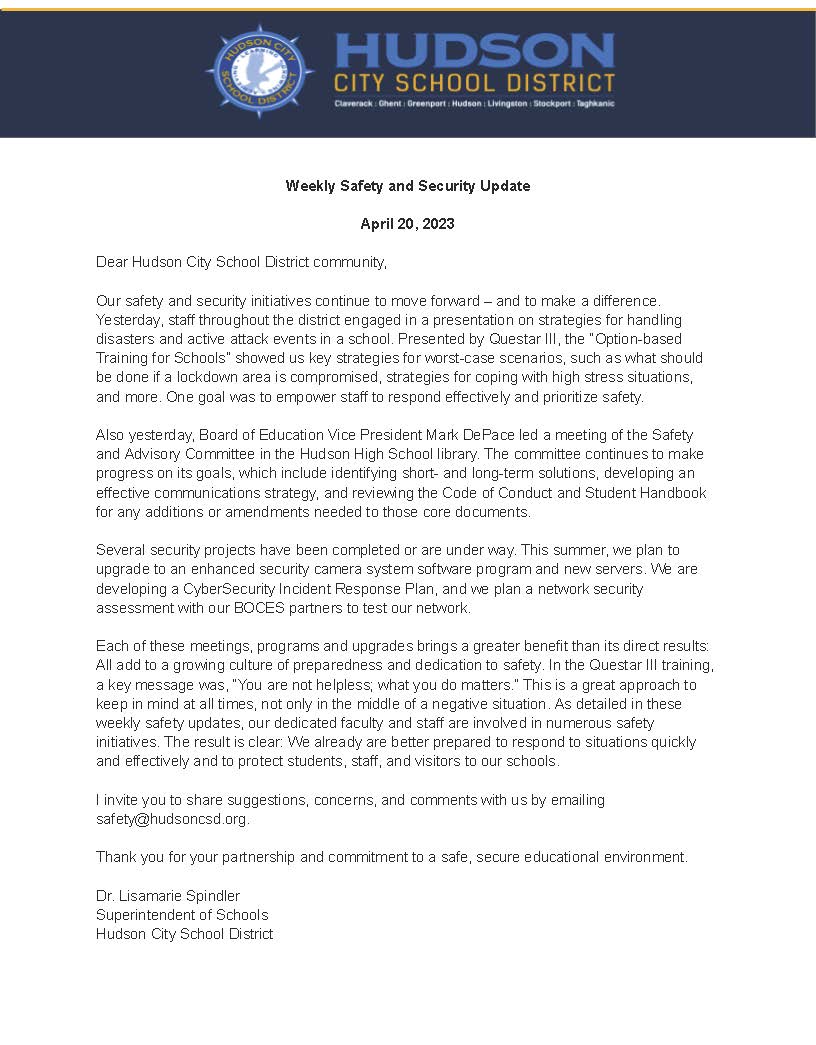 Weekly Safety and Security Update 4.20.23 | Hudson City School District