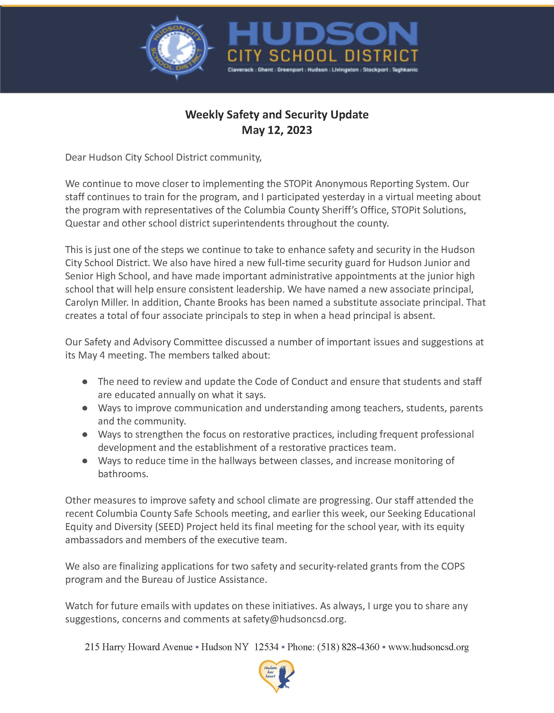 Weekly Safety and Security Update 5/12/23 | Hudson City School District