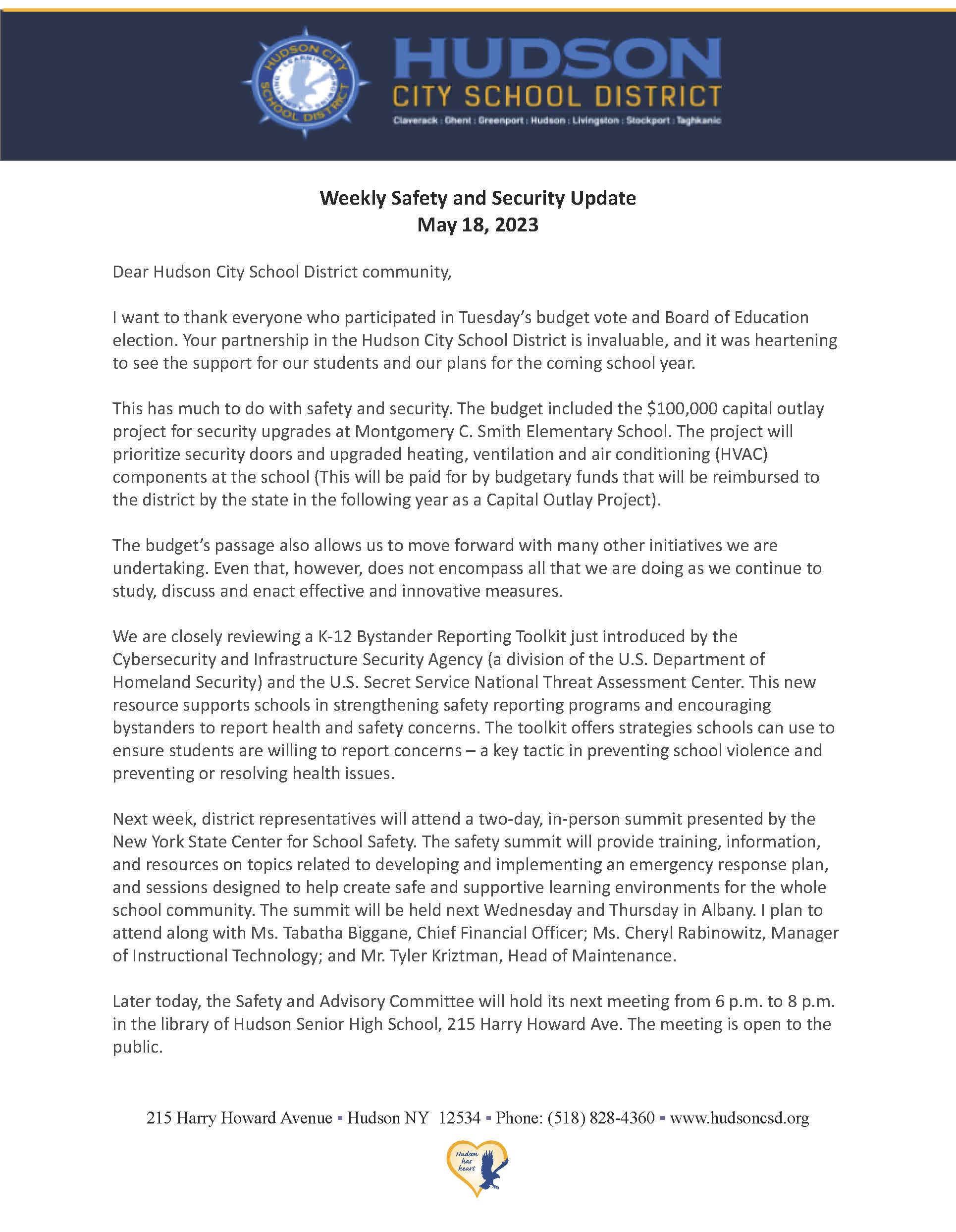 Hudson CSD Weekly Safety and Security Update 5/18/23 | Hudson City ...