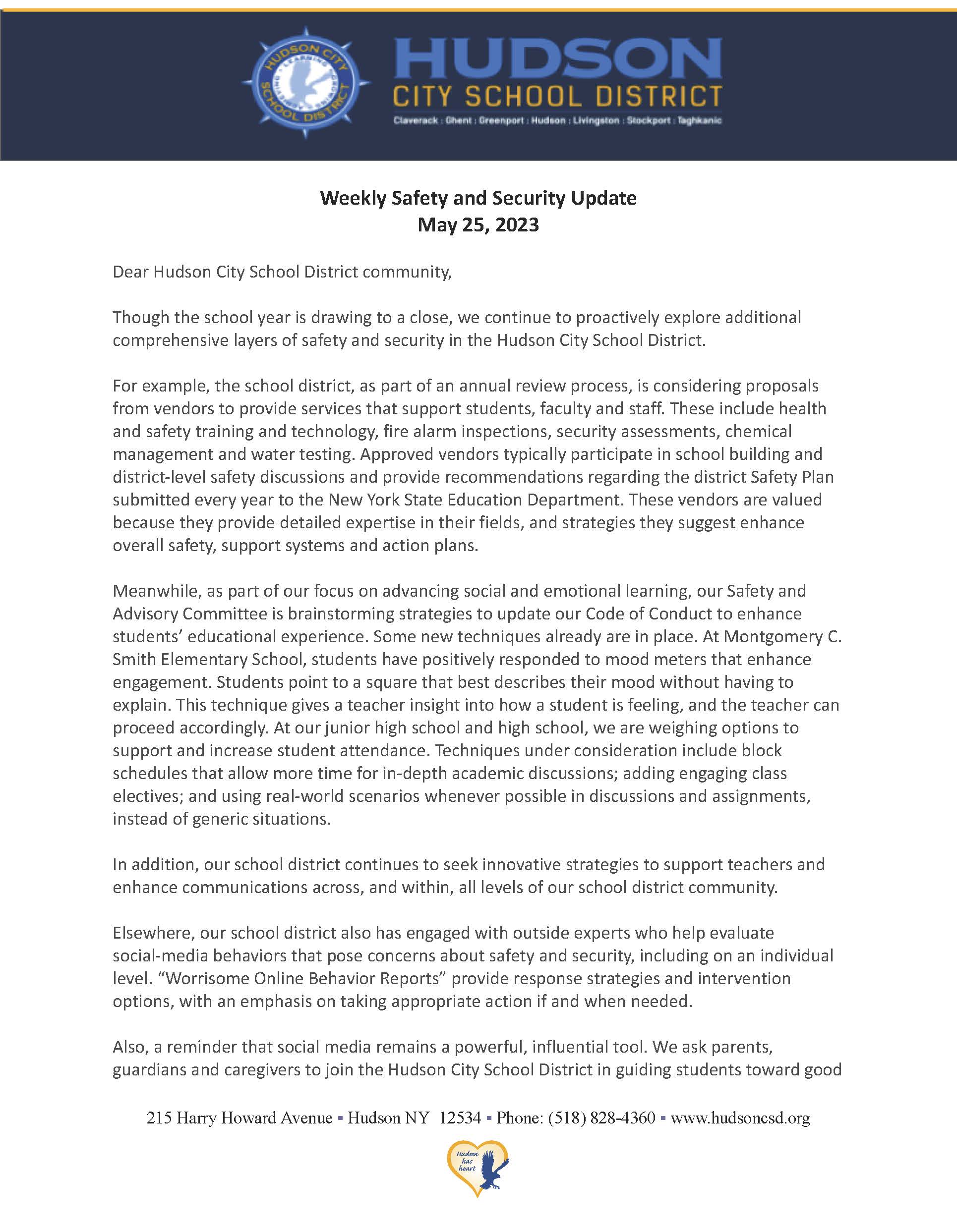 Weekly Safety and Security Update 5/25/23 | Hudson City School District