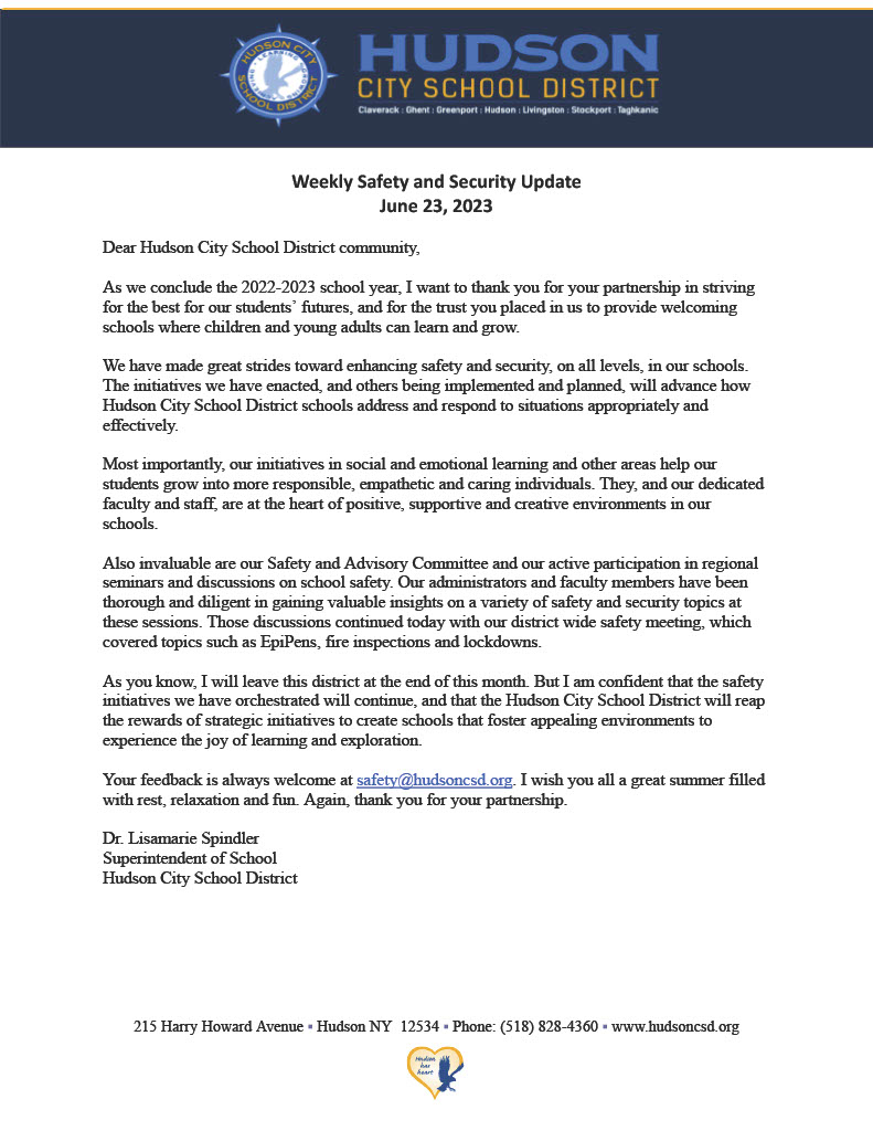 Weekly Safety and Security Update 6/23/23 | Hudson City School District