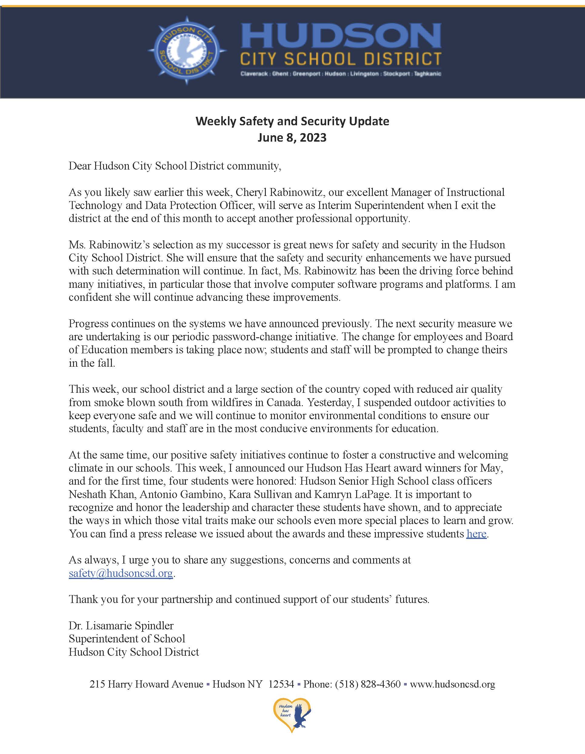 Weekly Safety and Security Update June 8, 2023 | Hudson City School ...