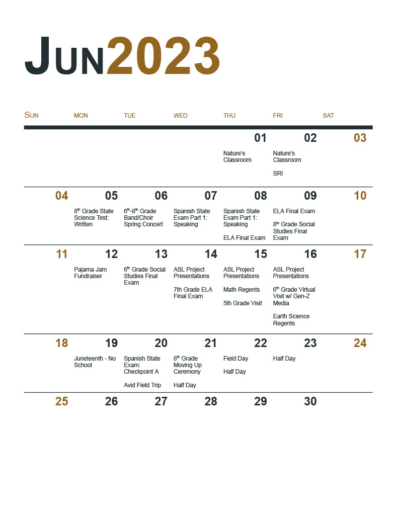 JHS June 2023 Calendar of Important Events | Hudson City School District