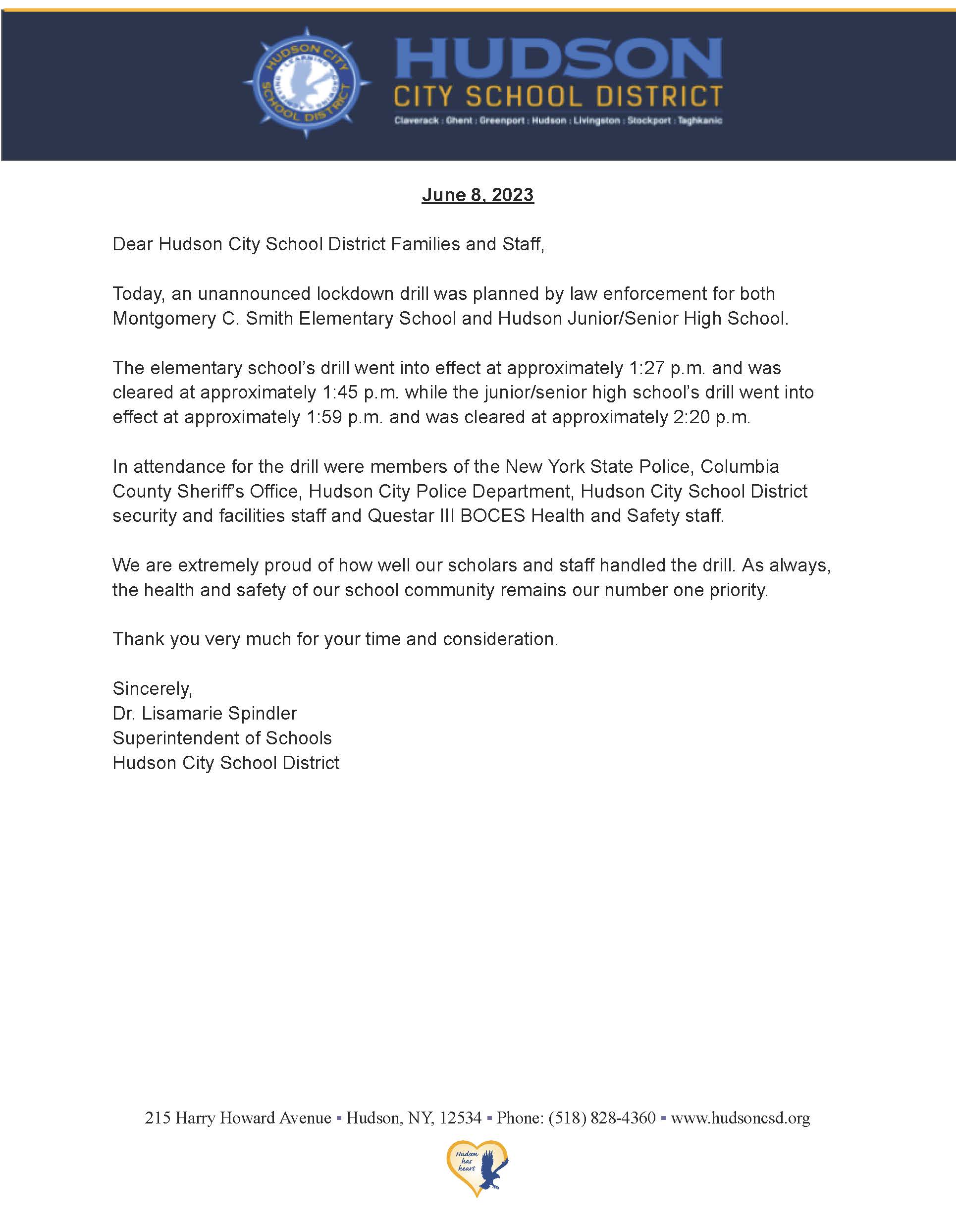 Unannounced Lockdown Drill Letter 6-8-23 | Hudson City School District