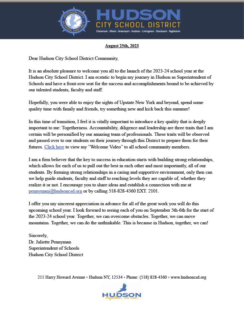 Dr. Juliette Pennyman's 2023-24 Welcome Letter to Hudson CSD Community ...