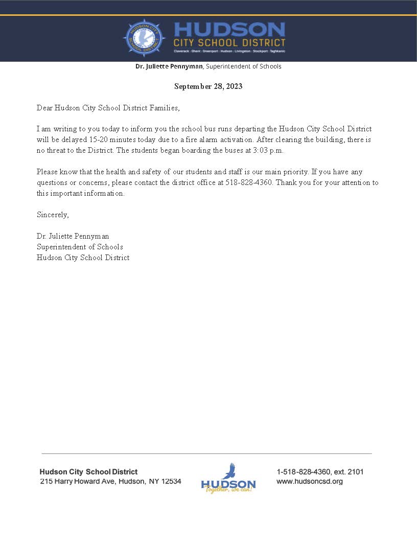 Bus Delay Letter 9/28/23 | Hudson City School District