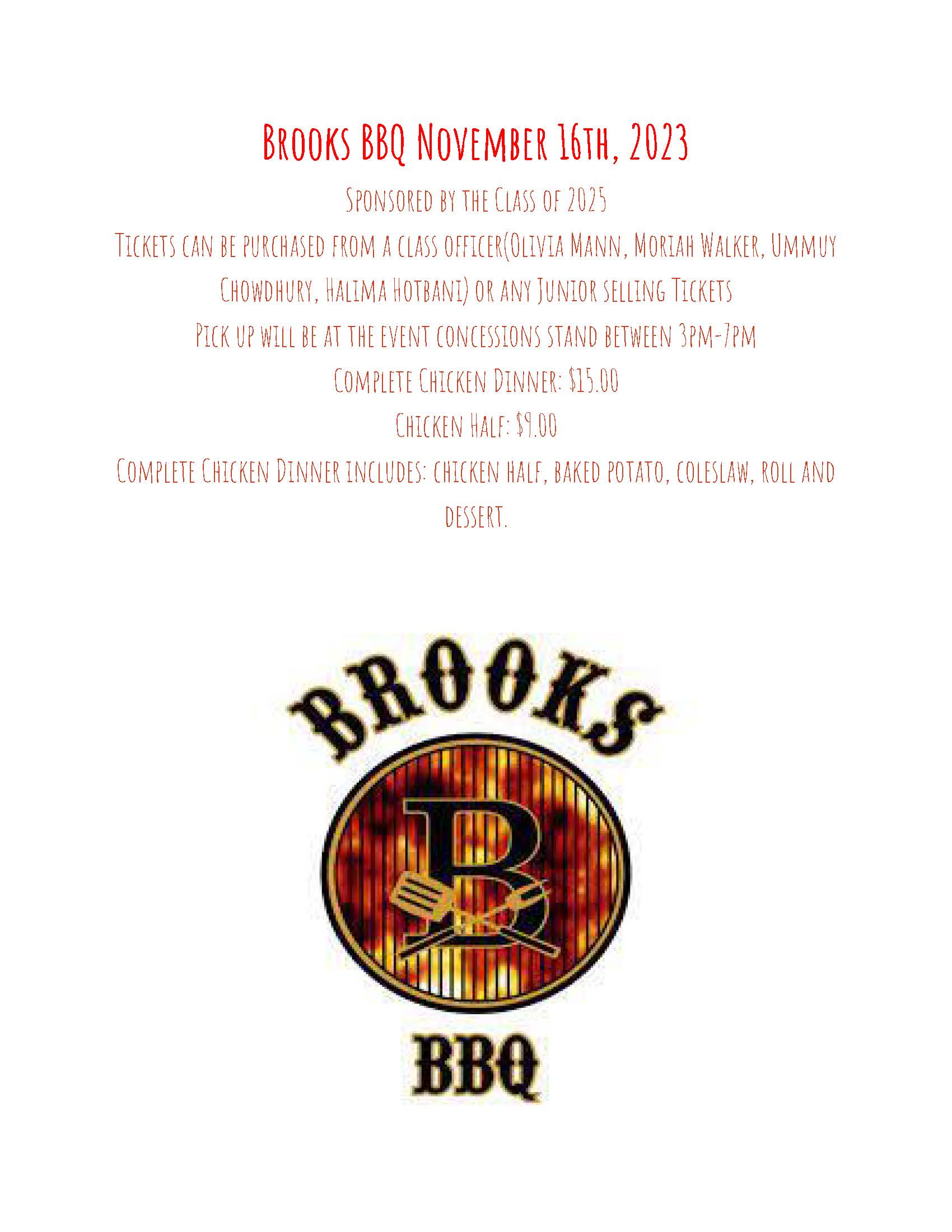Brooks BBQ Fundraiser for Class of 2025 11/16 | Hudson City School District