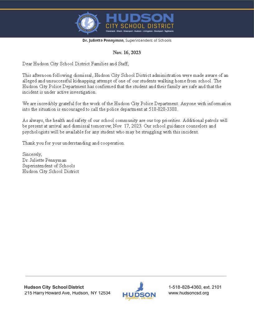 11/16/23 Letter Attempted, Unsuccessful Kidnapping Attempt | Hudson ...