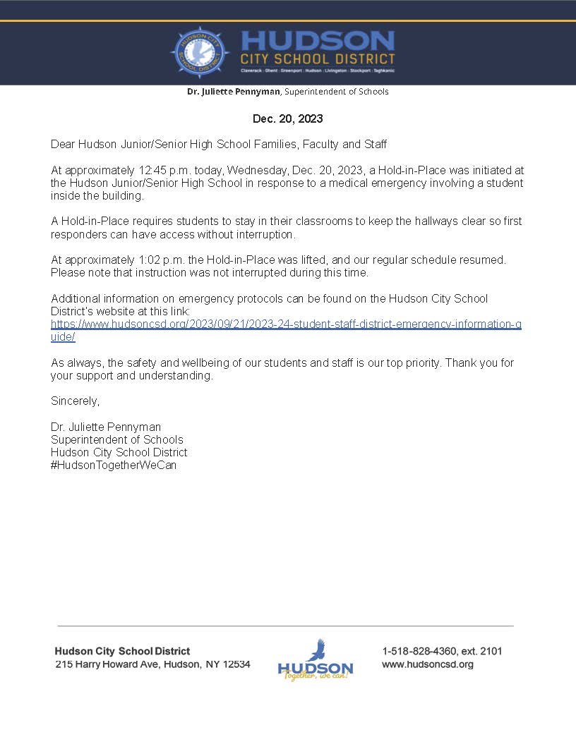 Letter: Dec. 20 Hold-in-Place Hudson JSHS | Hudson City School District