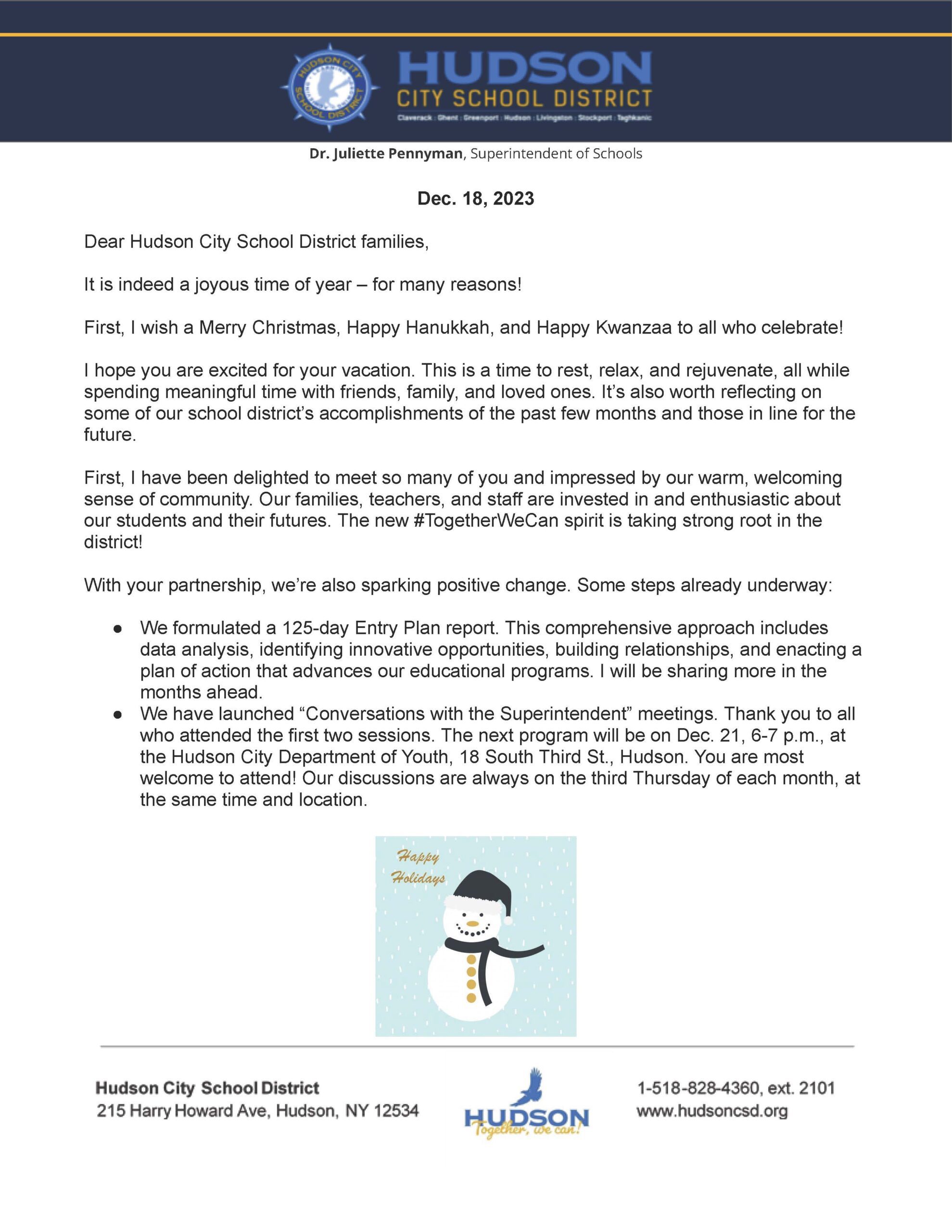 Superintendent Dr. Pennyman's 2023 Holiday Letter | Hudson City School ...