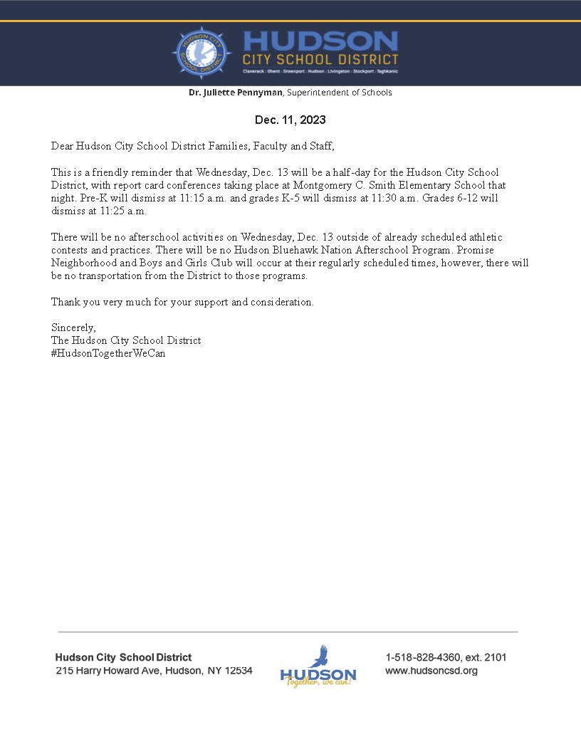 Reminder: Half-Day at HCSD on Dec. 13, 2023 | Hudson City School District