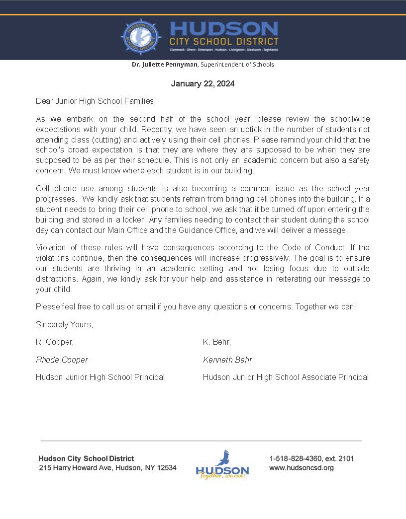 Hudson JHS Parent/Guardian Student Expectations Reminder Letter ...
