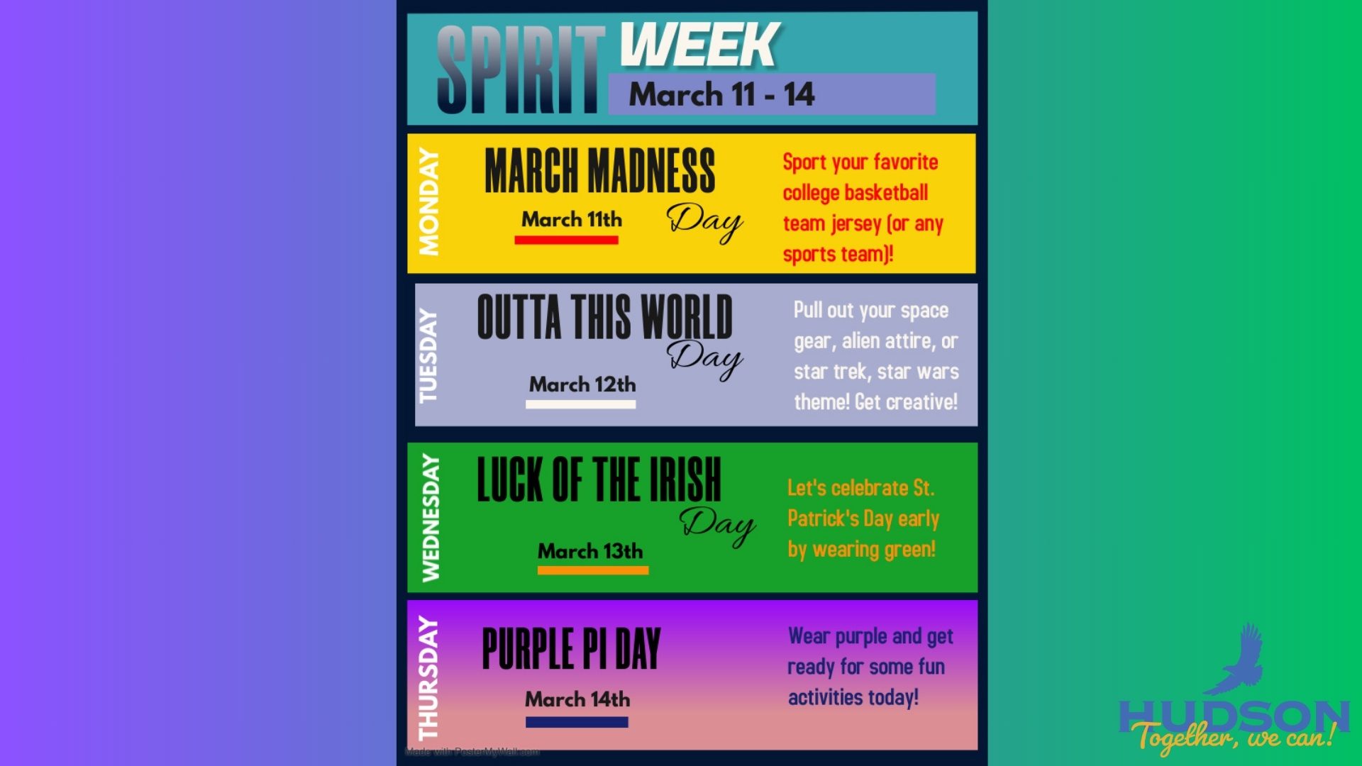 MCSES Spirit Week (March 11-15, 2024) | Hudson City School District